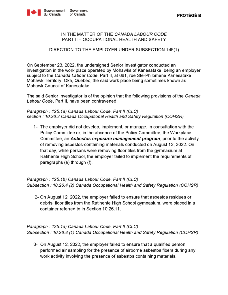 IN THE MATTER OF THE CANADA LABOUR CODE PART II – OCCUPATIONAL HEALTH ...